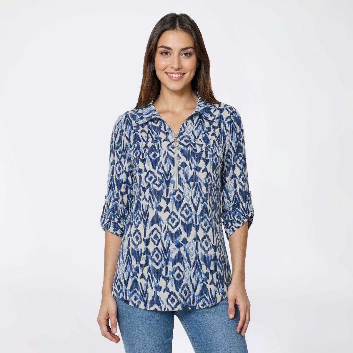 Click here for Womens Notations 3/4 Sleeve 2-Pocket Zip Ikat Jacq... prices